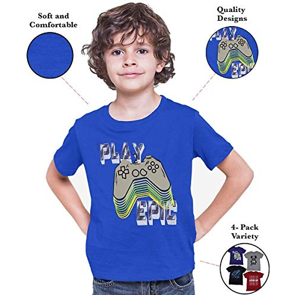 BROOKLYN VERTICAL Boys 4-Pack Short Sleeve Crew Neck T-Shirt with Chest Print | Gaming, Play, Video Gamer Prints for Sizes 6-20 Grey