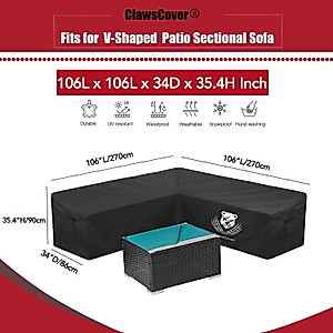 ClawsCover Outdoor Sectional Covers Waterproof,V-Shaped Patio Furniture Covers, Weatherproof Couch Covers for Sectional Sofa,Heavy Duty,Windproof and UV Resistant, 106"L/106"Lx34"Dx35.4"H