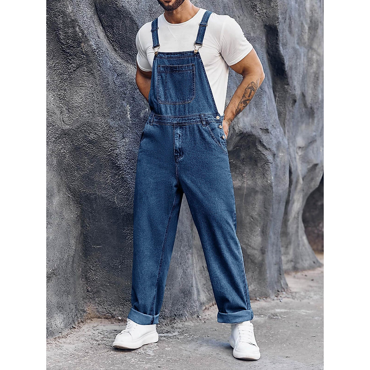 Runcati Men's Denim Bib Overalls Jeans Fashion Boot Cut Trousers Casual Slim Fit Adjustable Straps Jumpsuit (US, Alpha, X-Large, Regular, Regular, Navy Blue)