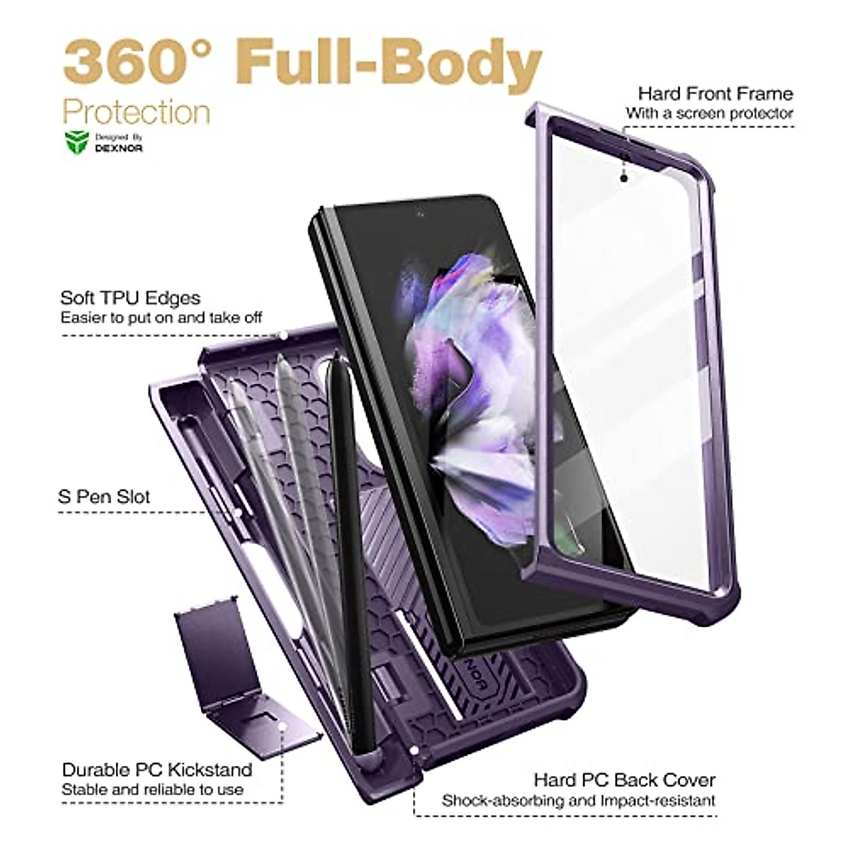Dexnor Shielder Series Case for Samsung Galaxy Z Fold 3(2021), Military-Grade Full-Body Shockproof Rugged Bumper Case Cover with Built-in Screen Protector & Kickstand & S Pen Slot,Phantom Pruple