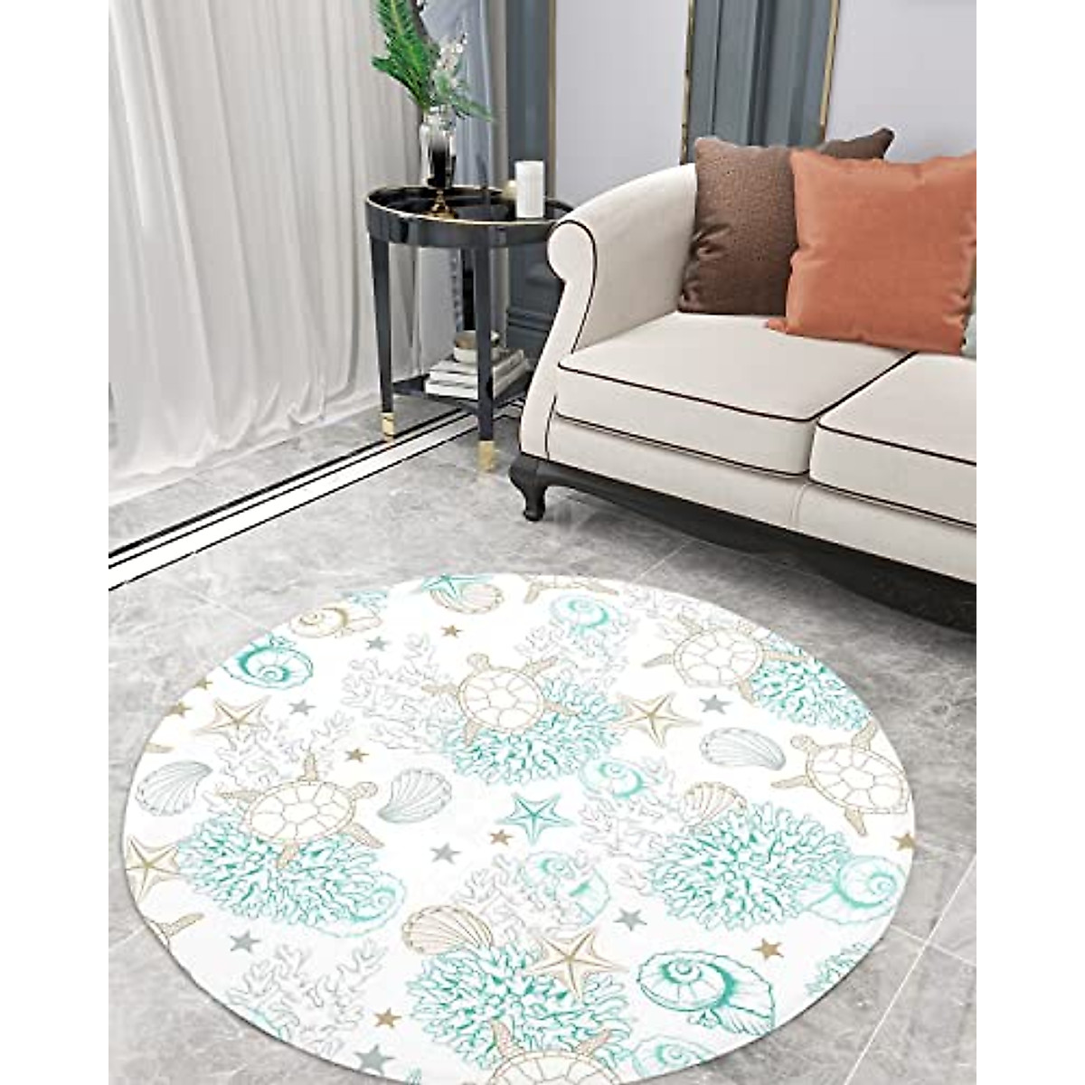 Round Carpet Plush Area Rug Ocean Cute Sea Turtle Coral Shell Starfish, Soft Shaggy Floor Mats Circular Furry Rugs Cartoon Art for Bedroom/Living Room/Nursery/Kids Room