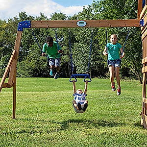 Backyard Discovery Beach Front All Cedar Wooden Swing Set, Large Upper Deck with Canopy, Ships Wheel, Play Telescope, Sandbox, Snack Bench, Rock Wall