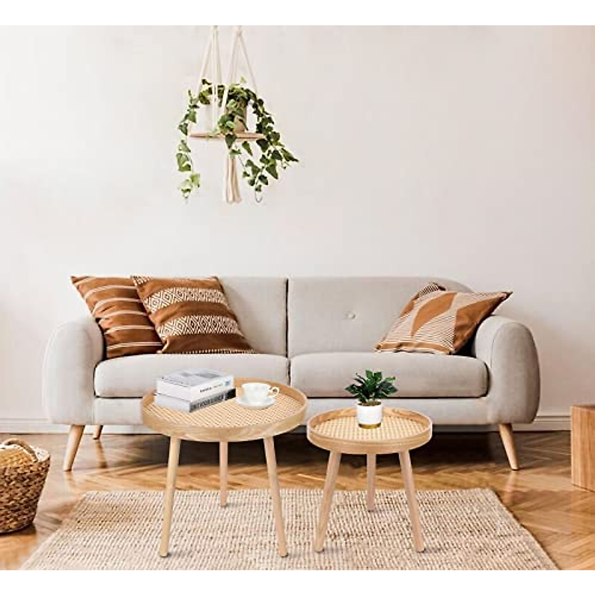 Round Coffee Table Set of 2, Natural Boho Coffee Table, Small Mid Century Modern Rattan Coffee Table, Boho Side Table End Tables for Living Room Bedroom Office Balcony