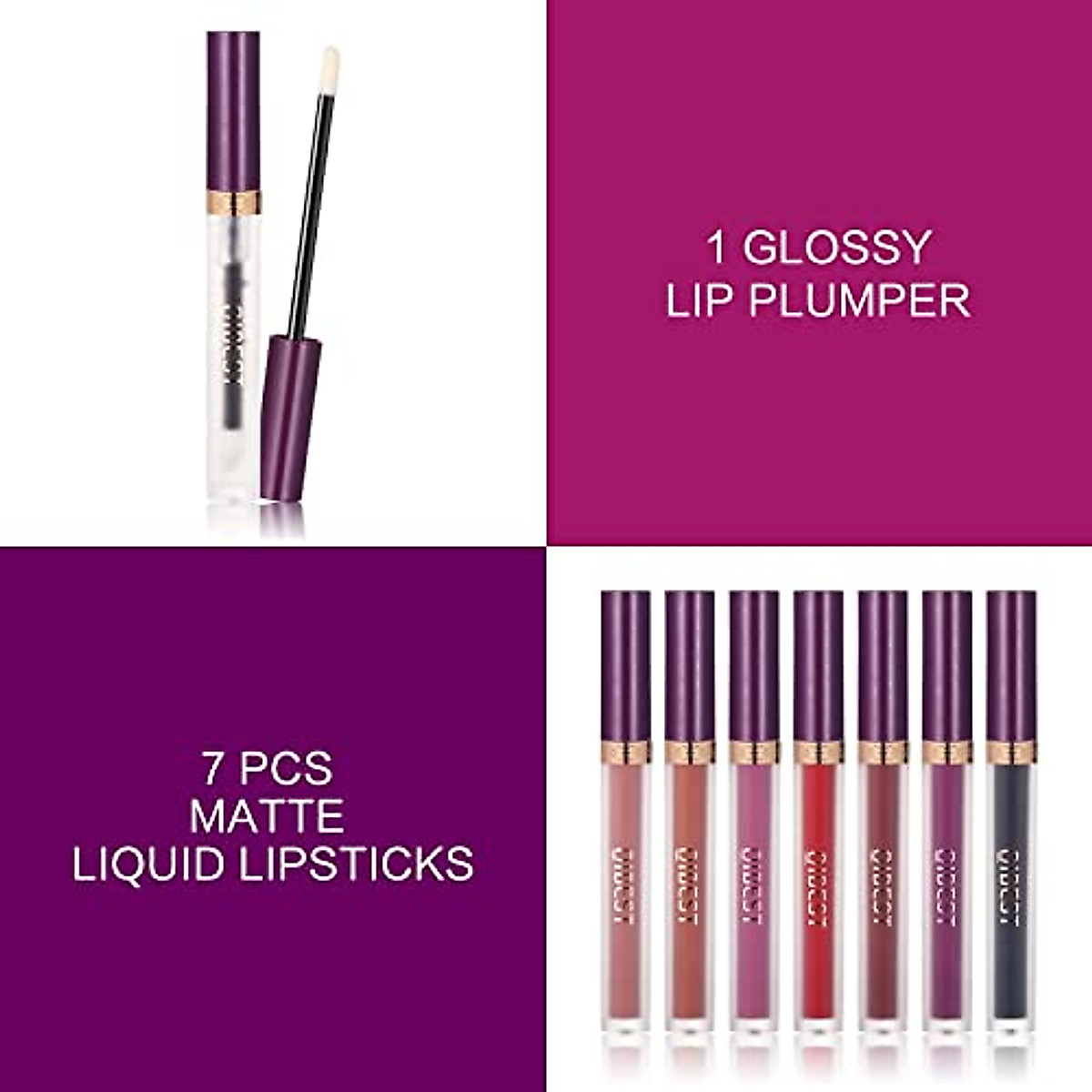 QiBest 7Pcs Matte Liquid Lipstick wiith 1Pcs Lip Plumper Makeup Set, Waterproof Lip Gloss Sets Kit Pigmented Long Lasting Velvet Lip Makeup Gift for Women and Girls