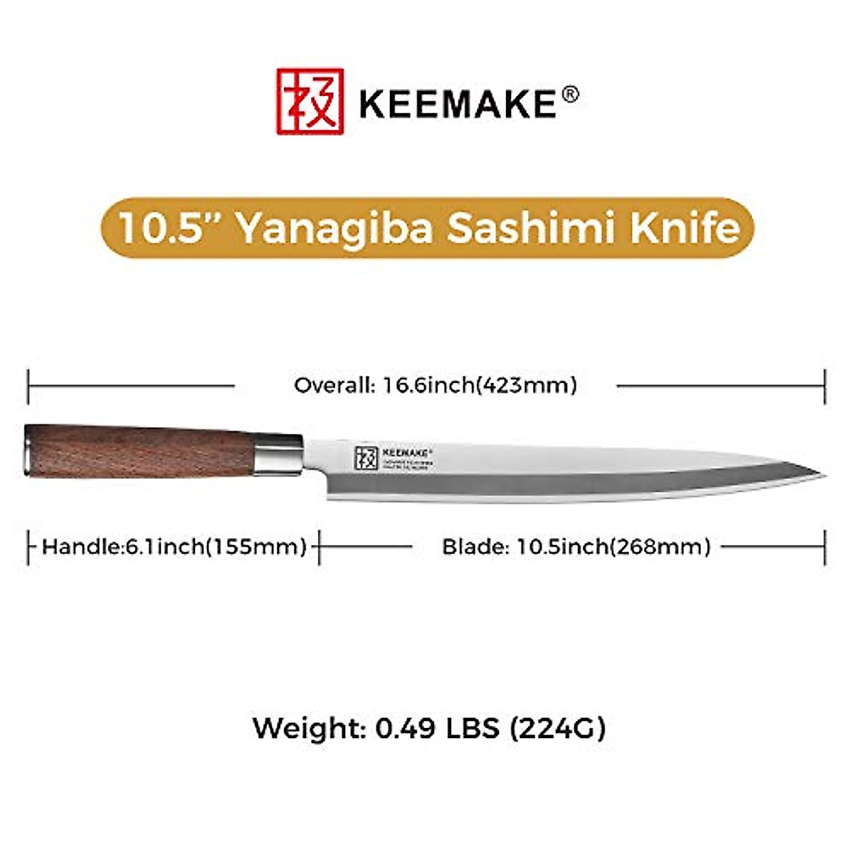 KEEMAKE Sashimi Sushi Knife Japanese 10.5 inch Yanagiba Knife,Japanese VG10 Stainless Steel Single Bevel Blade, Perfect Rosewood Handle Filleting & Slicing Knife