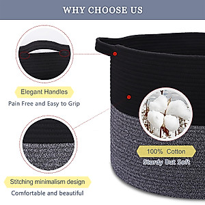 BOSROTY Large Laundry Hamper Basket for Clothes 72L, Nursery Hamper, Blanket Basket, Clothes Basket Laundry, Woven Storage Basket, Toy Basket, Cotton Rope Laundry Basket, 16”x 22”, Black & Gray