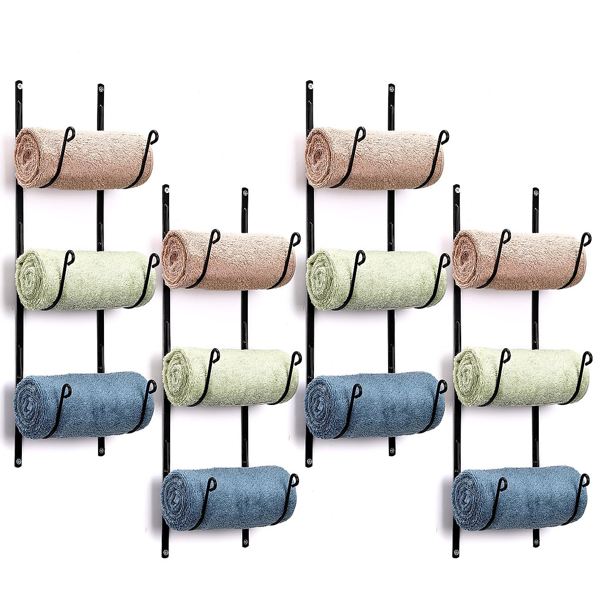 Skybooly 4 Pack Wall Mounted Towel Racks for Bathroom 3 Level Wine Rack Towel Holder Metal Bathroom Towel Storage Shelves Rolled Towel Organizer for Kitchen Bath Hand Towels Washcloths Linens, Black