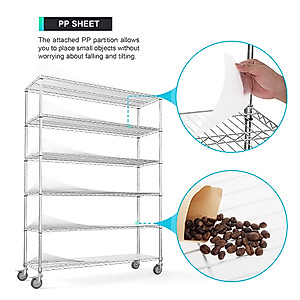 Dolonm 6-Tier Storage Shelves Wire Shelving Unit, 6000 LBS NSF Height Adjustable Shelves Organizer with Wheels, 18"L x 60"W x 87.5"H, Heavy Duty Garage Shelving for Restaurant, Office, Kitchen, Chrome