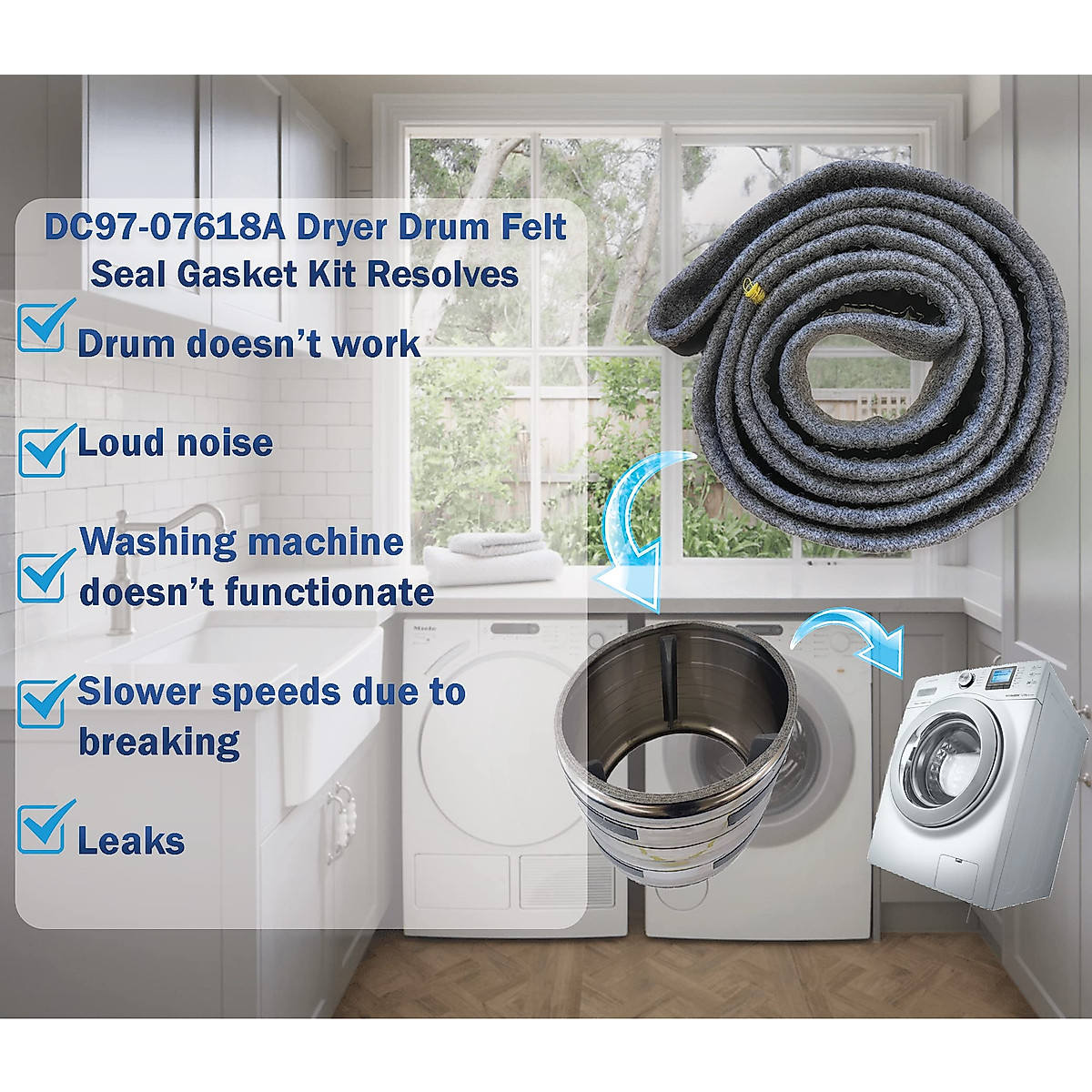 Dry Drum Felt Gasket Kit Part DC97-07618A with Large High-Temperature Adhesive Included Part Compatible with Samsung Dryers Replaces PS4218879 AP4453798 PD00025731 3998155 DV42H5200EW DV42H5000EW