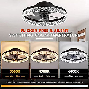 MORE CHANGE 20” Crystal Ceiling Fan with Light and Remote, Modern Enclosed Bladeless Fandelier Chandelier 3 Color Changes Flush Mount Low Profile Ceiling Fan for Living Dinning Room