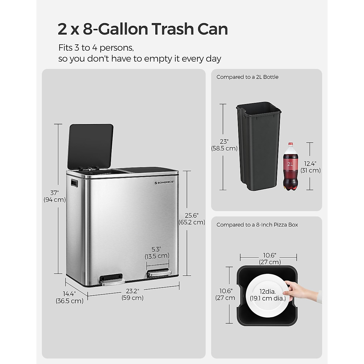 SONGMICS Trash Can, 2 x 8-Gallon Garbage Can for Kitchen, with 15 Trash Bags, 2 Compartments, Plastic Inner Buckets and Hinged Lids, Airtight, Silver and Black ULTB60NL