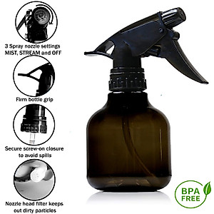 Nechtik Black Plastic Spray Bottles - 8 Oz, Pack Of 3, Leak Proof, BPA Free Material, Small Spray Bottle, Adjustable Trigger Mist to Stream And Off Modes.