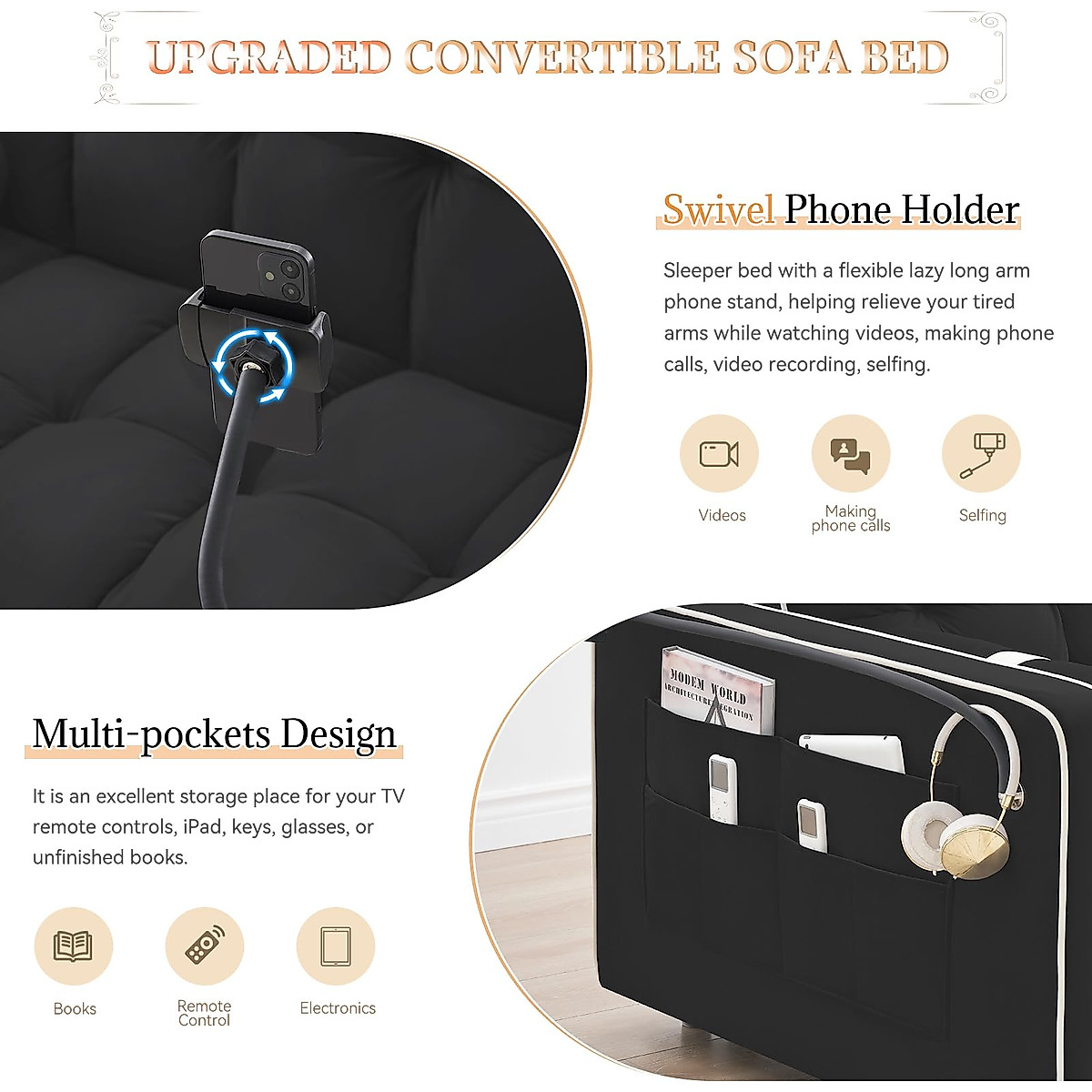 Antetek Upgraded Sleeper Sofa Couch Bed with Phone Holder, 3 in 1 Small Modern Convertible Velvet Loveseat Futon Sofa w/Pullout Bed, Adjustable Backrest for Living Room Apartment, Small Space, Black