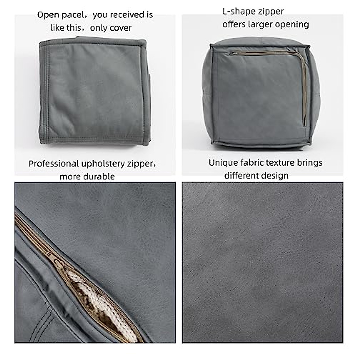 C COMFORTLAND Unstuffed Pouf Ottoman, Faux Leather Poof Cover with Storage, Square Foot Rest, Floor Foot Stools, Bean Bag Ottomans Furniture for Living Room, Bedroom Grey (No Filler)