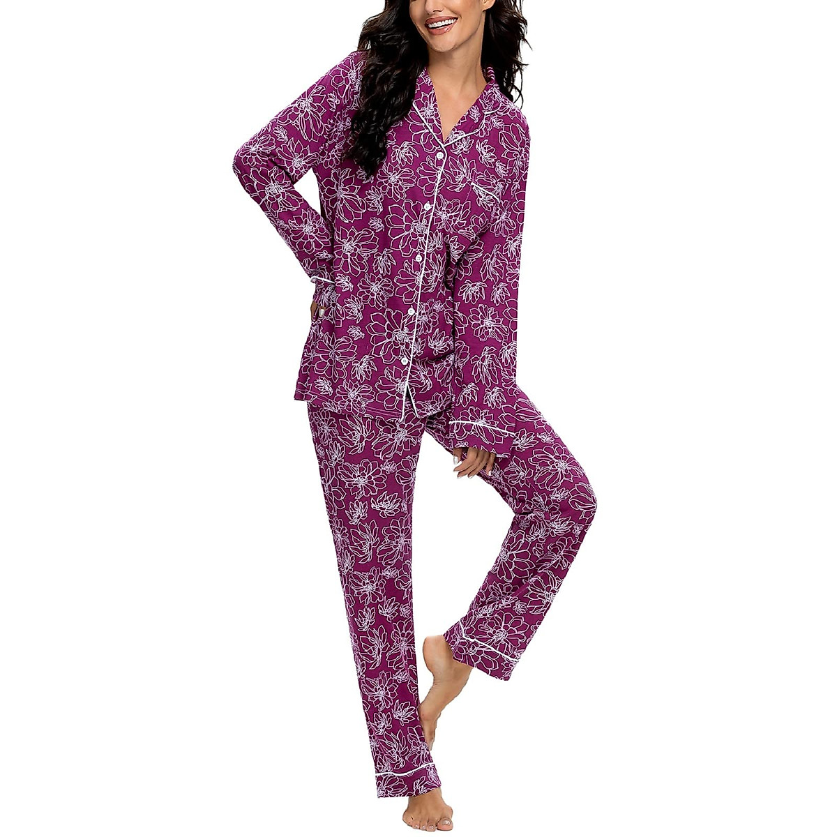 Tugege Pajamas Set Long Sleeve Sleepwear Women Button Down Nightwear Pj Lounge Sets (Burgundy Peony, Large)