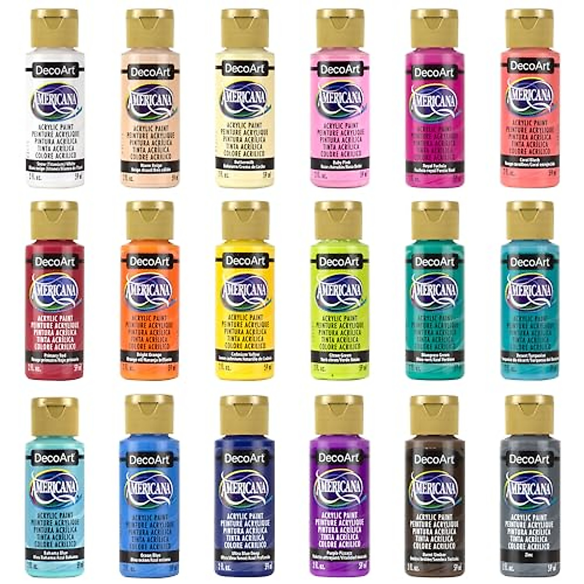 DecoArt Americana Acrylics Paint, Set of 18 Popular Colors, 2 fl oz Bottle (Pack of 18)