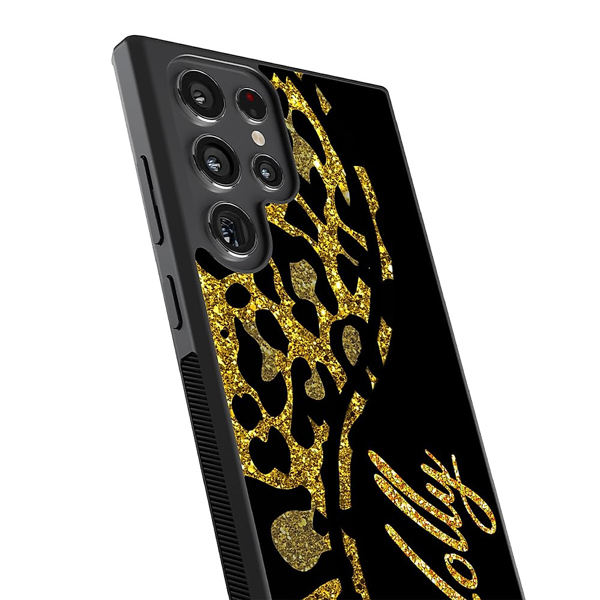 Leopard Gold Personalized Black Rubber Phone Case Compatible With Samsung Galaxy S25 S25+ S25 Ultra S24 S24+ S24 Ultra S24FE, S23 FE S23+ Ultra S22 S22+