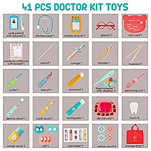 Wooden Dentist Kit for Kids, 41 Pieces Toy Medical Kit with Stethoscope & Medical Storage Bag, Montessori Pretend Doctor Kit Toys for 3 4 5 6 Years Old Boys Girls
