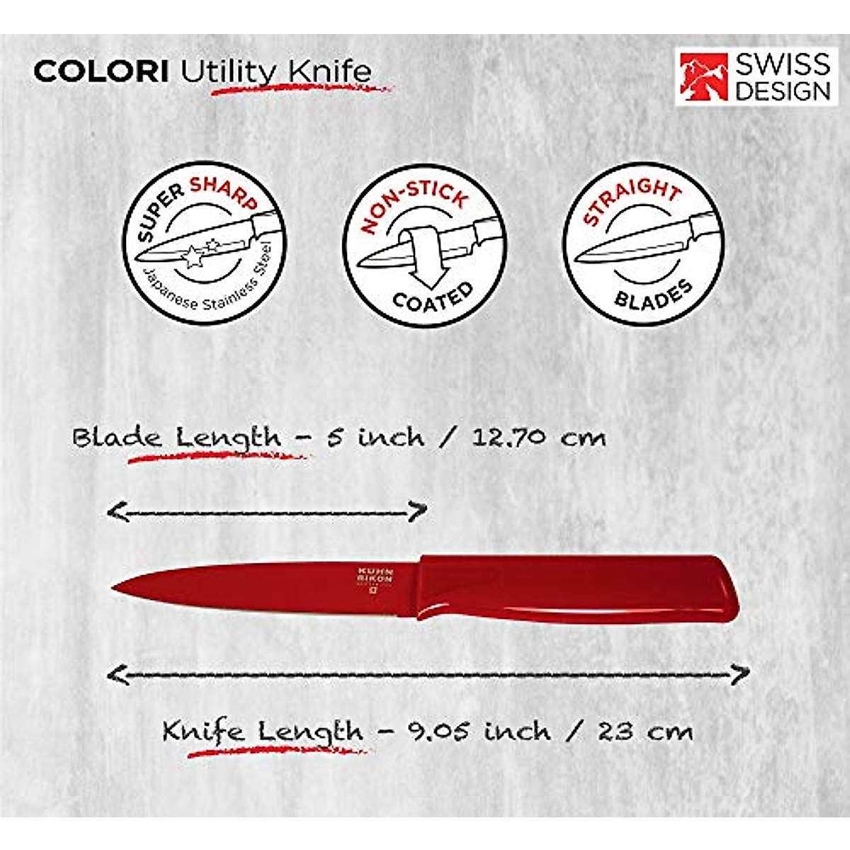 Kuhn Rikon Colori Utility Knife with Safety Sheath, 5 inch/12.70 cm Blade, Red