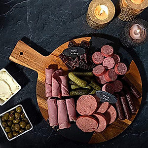 Charmont Large Round Charcuterie Board with Handle Acacia Wood Cheese Board with Slate Serving Platter Slate Cheese Markers Set and Chalk - Food, Cheese and Meat Cutting Board - 11.5 inches