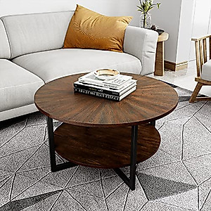 LEEMTORIG 33.5" Round Coffee Table with Storage, Farmhouse Coffee Table for Living Room, Solid Wood Circle Center Table, Rustic Brown Wood Tabletop & Metal Frame, KFZ-1338-NC