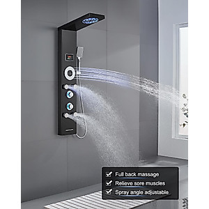 ROVOGO No Battery Needed Shower Panel System with Led Lights, MIST & RAIN Shower, 5 Body Jets, Handheld, Tub Spout and Temperature Display, Water Powered Led Shower Tower Column Stainless Steel, Black