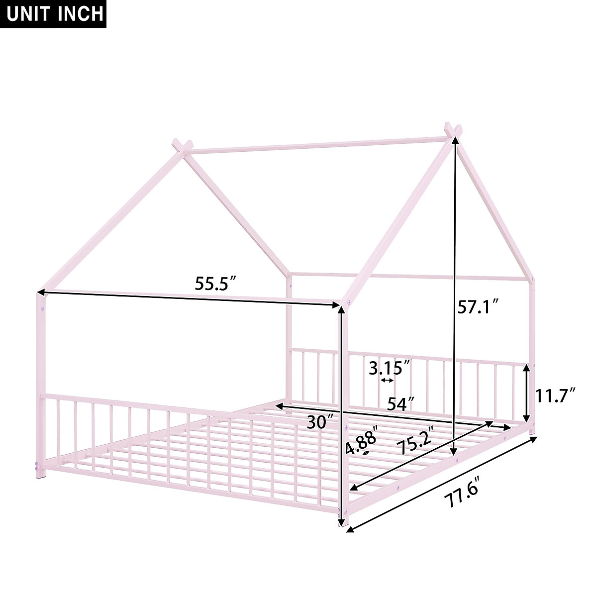 KTATK Metal Full Size House Bed with Roof and Slats Support,Playhouse Design Montessori Floor Bed Frame W/Headboard & Footboard,No Box Spring Needed,for Kids Girls Boys,Pink