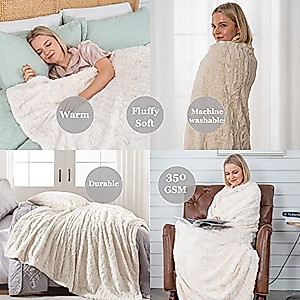 COZYART Faux Fur Throw Blanket for Couch - 50"x60" Cream Super Soft Plush Luxurious and Elegant with Comfy Reversible Microfiber Fluffy Blankets and Throws for Bed Home Decorative