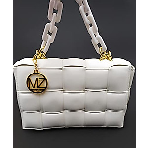 MariaKinz VEGAN Leather Woven Crossbody/Shoulder Handbag Purse for Women, With Matching Acrylic Tote Handle (White)