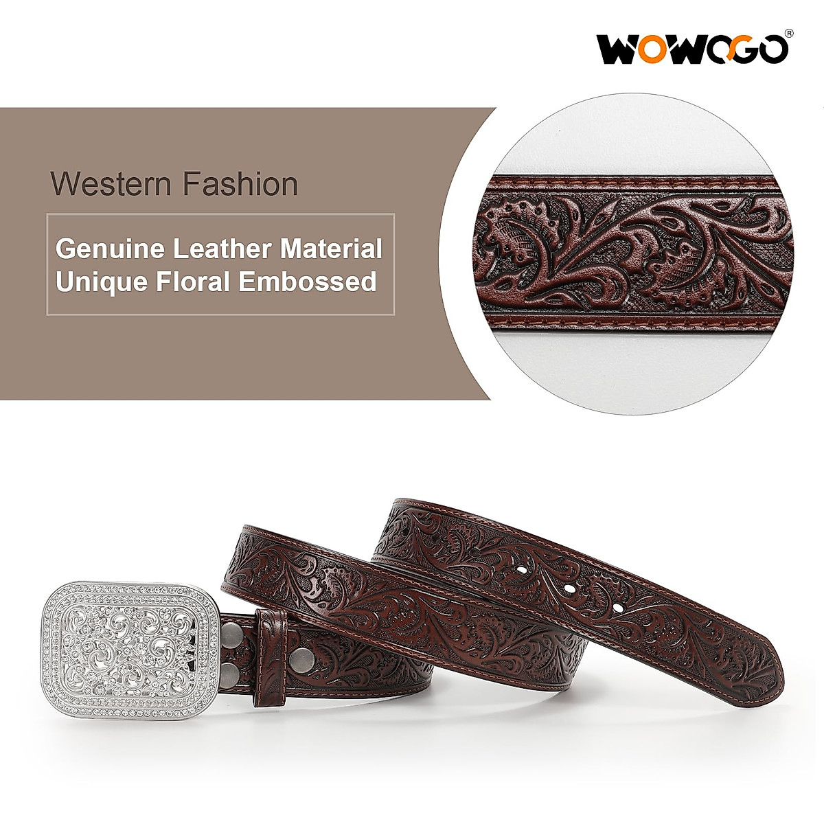 WOWOGO Women Men Western Genuine Leather Belt Cowgirl Cowboy Floral Engraved Tooled Belt Strap Embossed Scrollwork Buckle