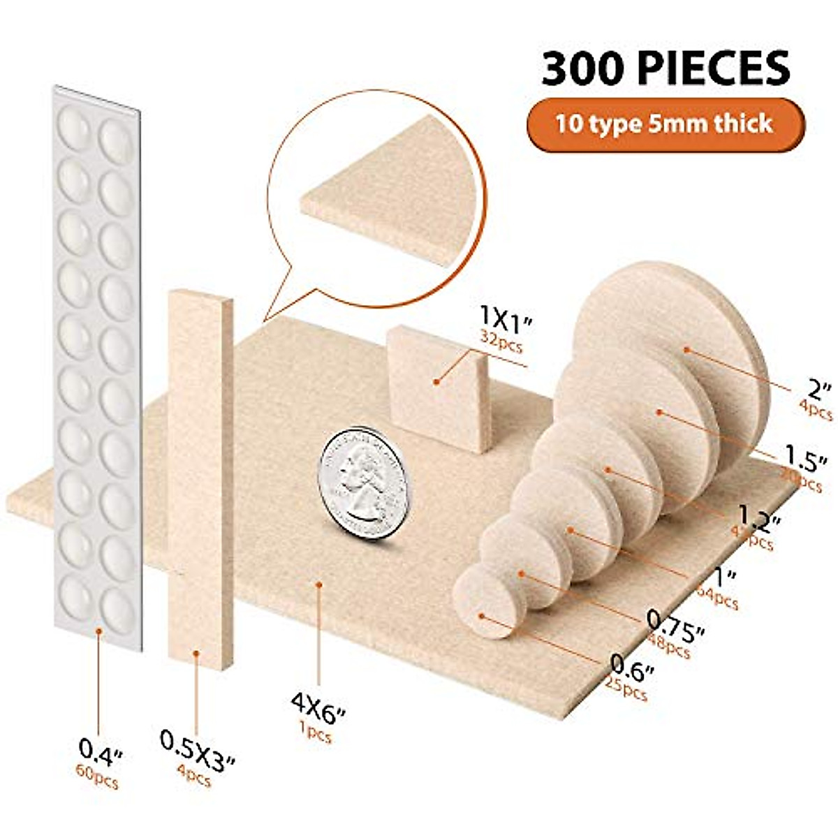 Furniture Pads 300 Pack Premium Furniture Felt Pads (Beige), Huge Quantity Self Adhesive Felt Pads, Anti Scratch Floor Protector for Furniture Legs Hardwood Floor with 60 Cabinet Door Bumpers