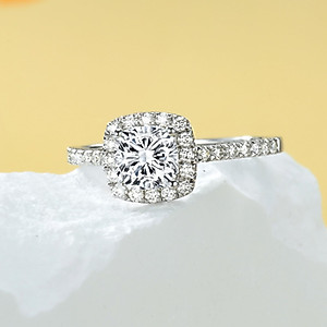 Blocaci Halo Cushion Cut Engagement Rings for Women White Gold 1 Carat Center Moissanite Engagement Rings Platinum Plated Silver Wedding Anniversary Promise Rings for Women(size 9.5)