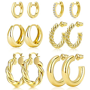 Adoyi Gold Hoop Earrings, Small Gold Hoops Earrings Chunky Huggie Hoop Earrings Set for Women 14K Gold Plated Lightweight Jewelry Birthday Christmas Gifts for Her 3/6/9 pairs