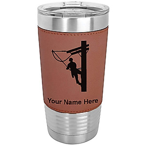 LaserGram 20oz Vacuum Insulated Tumbler Mug, Lineman, Personalized Engraving Included (Faux Leather, Dark Brown)
