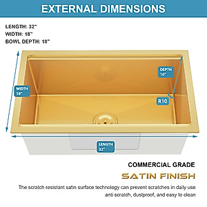 JoviPrime 32 Inch Gold Kitchen Sink Workstation Undermount Stainless Steel 16 Gauge Kitchen Sink Handmade Deep Single Bowl Kitchen Sink with Accessories 32" x 18" x 10"