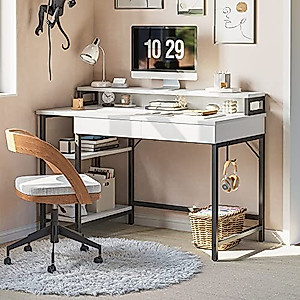 CubiCubi Computer Desk with Monitor Stand, 47 inch Home Office Study Writing Table with Drawers and Storage Shelves for Small Spaces, White