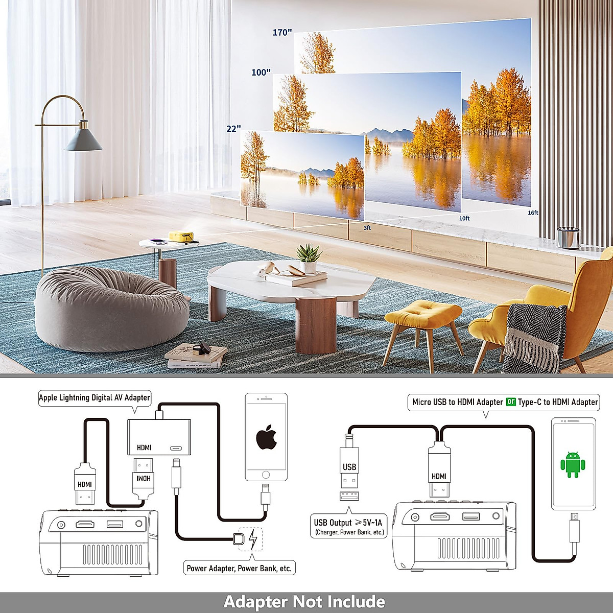 Mini Projector, yeilebe Video Projector, Portable Projector Supported 1080P Full HD & 170" Display Compatible with Phone,TV Stick,PS4 Mini projector Great for Home Theater Outdoor Movies