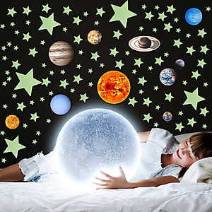 Glow in The Dark Stars and Planets Solar System Wall Decals, 110PCS Glowing Ceiling Spaceship Stars Wall Stickers, Best Gift for Kids Bedding Room Nursery Home Decoration Party Birthday(Small Size)