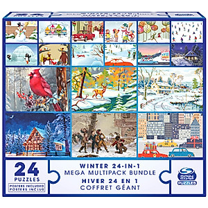24 Jigsaw Puzzle Bundle, Holiday Winter Snow Illustration Landscape, 1000, 500, 300, 100, 48, 24 Pieces, for Kids and Adults Ages 8 and up