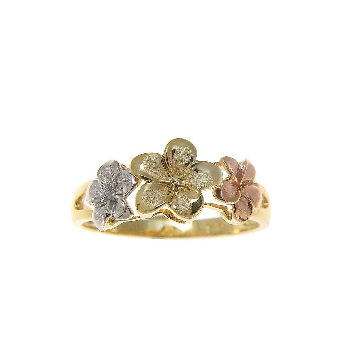 Arthur's Jewelry Solid 14k tricolor gold 6.5mm-8mm-6.5mm Hawaiian plumeria flower ring size 10