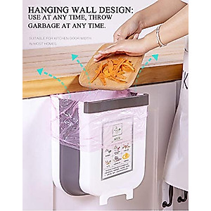 Folding Kitchen Bin Wall Mounted Trash Can Collapsible Small Compact Garbage Bin Hanging Waste Contanier Attached to Cabinet Door Space Save For Kitchen Garden Office School Bathroom (9L, White)