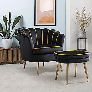 QHITTY Velvet Accent Chair with Ottoman, Upholstered Chair Modern Tufted Barrel Chair Ottoman Set for Living Room, Bedroom, Office (Black)