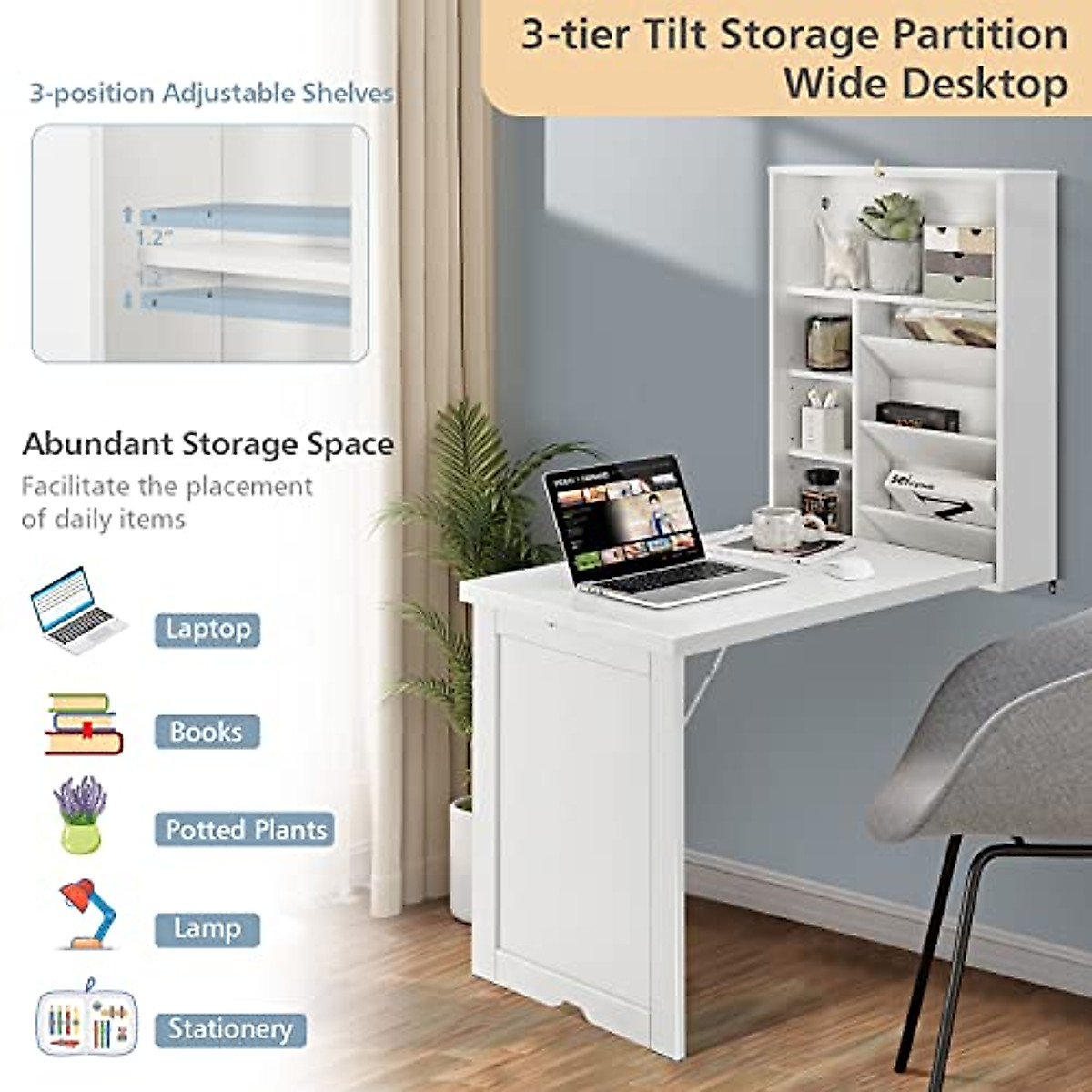 GOFLAME Wall Mounted Desk, Folding Floating Desk with 3-Tier Tilt Storage Partition and Adjustable Shelves, Space-Saving Fold up Desk Laptop Desk, Convertible Writing Desk for Home Office (White)
