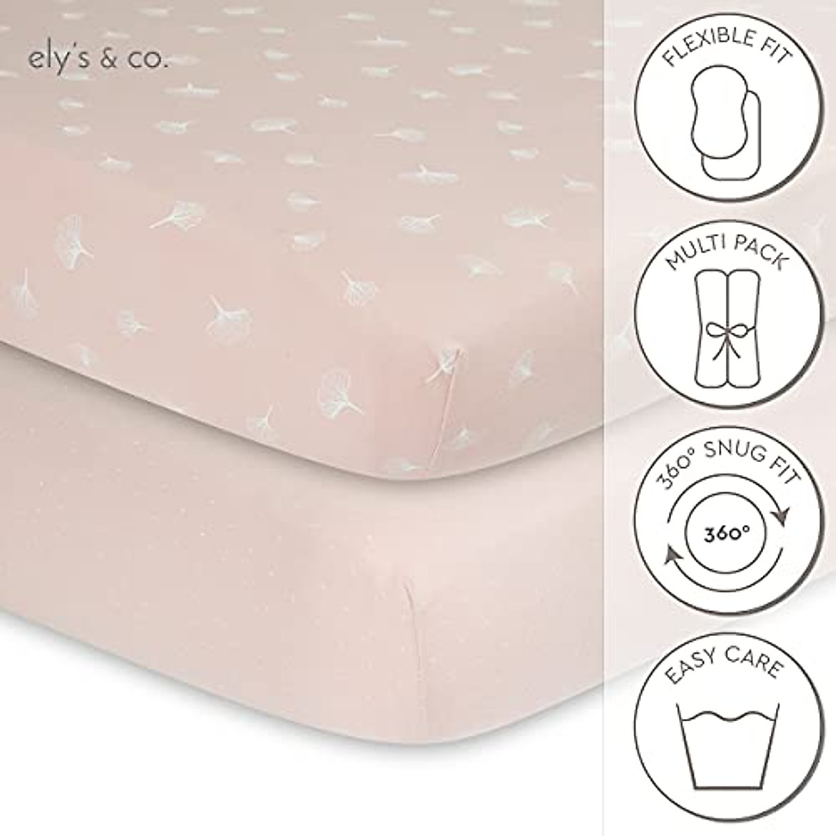 Ely’s & Co. Crib Sheet 2-Pack — Combed, 100% Jersey Cotton for Baby Girl — Rosewater Pink, Pin Dots & Gingko Leaves
