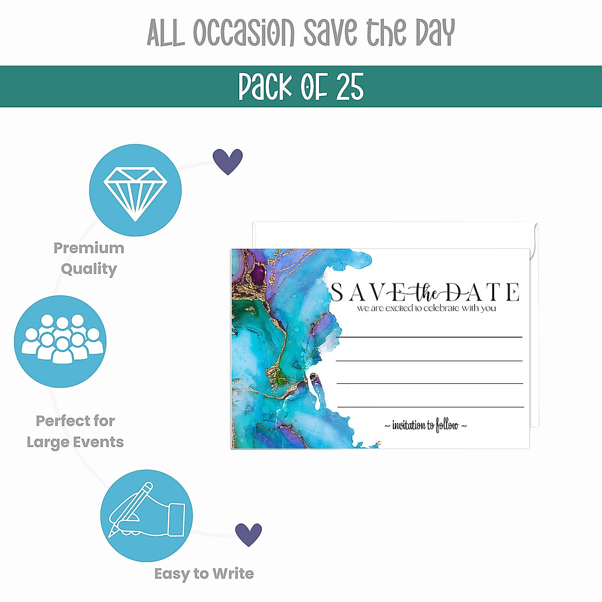 Paper Clever Party Teal and Purple Save the Date with Envelopes, All Occasion Cards for Wedding Invitations, Birthday, Graduation, Modern Watercolor, 3.5x5, 25 Pack