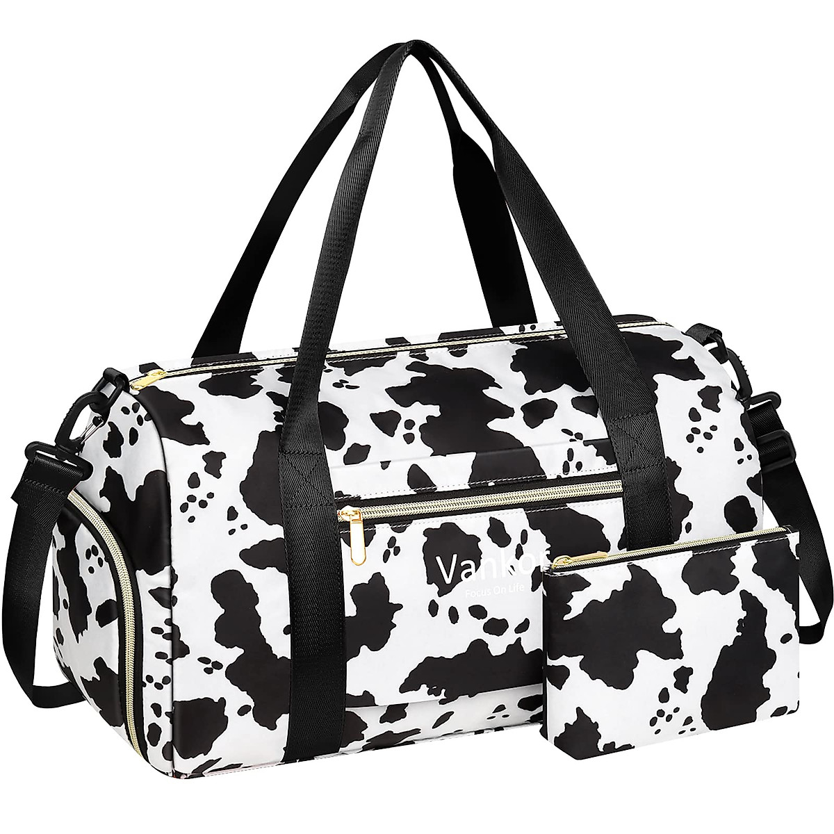 Vankor Gym Bag for Women with Shoe Compartment, Waterproof Sports Duffle Bag, Medium-17.5 Inch, Cow Print
