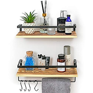 TRIVETRUNNER -ANNA STAY Floating Shelves Wall Mounted for Bathroom and Storage Shelves for Kitchen Set of 2, with Towel Bar, Cotton Towel Included (Light Brown)