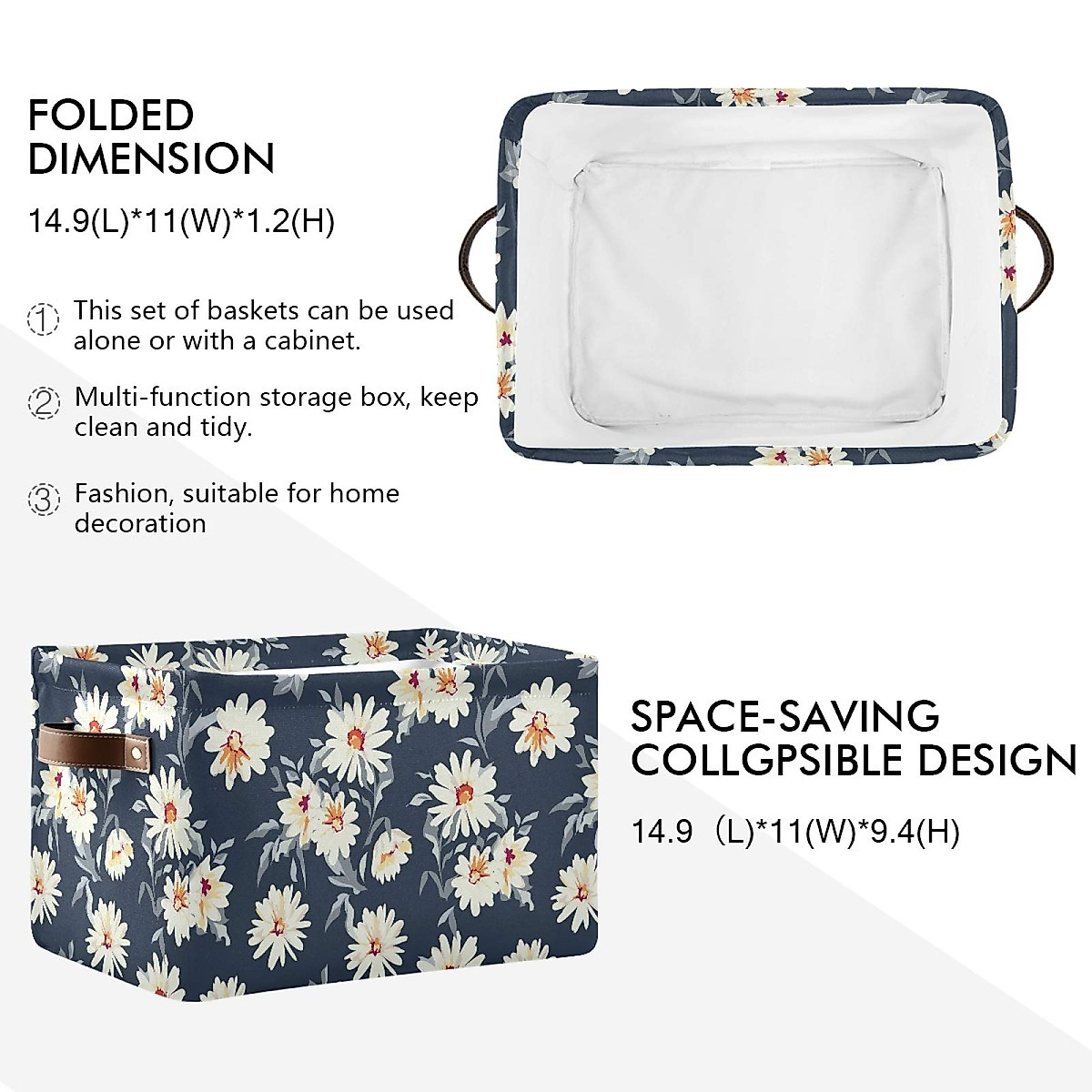 AUUXVA Floral Flower Daisy Leaves Pattern Storage Basket Large Foldable Storage Organizer Cubes Bins with Leather Handles Sturdy Collapsible Boxes for Shelf Cloth Toy Closet-2 Pack