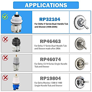 RP32104 Delta Shower Cartridge Replacement for Delta Monitor 17 Series (1998-2005) Dual Function Bath Tub and Shower Faucet Parts Delta Shower Faucet Cartridge Assembly
