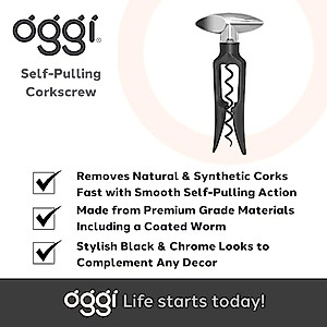 OGGI Wine Bottle Opener, Self Pulling Corkscrew - Self-Centering Non-Stick Wine Opener Cork Screwer, Effortless Wine Corker - Black 8.5"